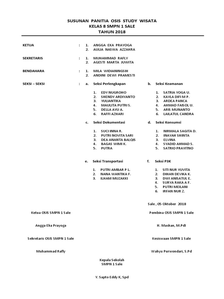 Susunan Panitia OSIS Study Tour SMPN 1 SALE | PDF