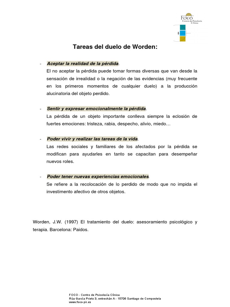 Tareas del Duelo según Worden | PDF | Relaciones personales, crianza y ...
