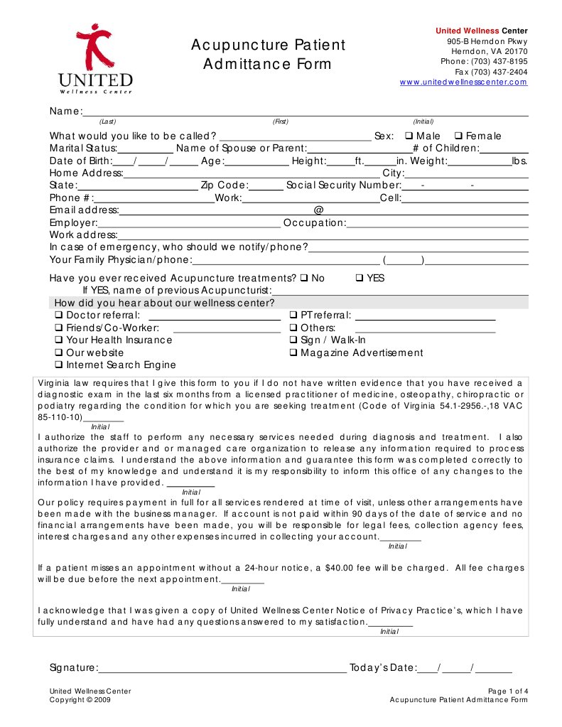 Printable Acupuncture Intake Form - Printable Forms Free Online