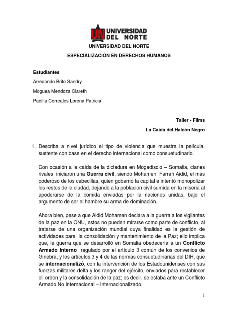 Taller Pelicula La Caida Del Halcon Negro Clareth | PDF | Ley humanitaria internacional ...