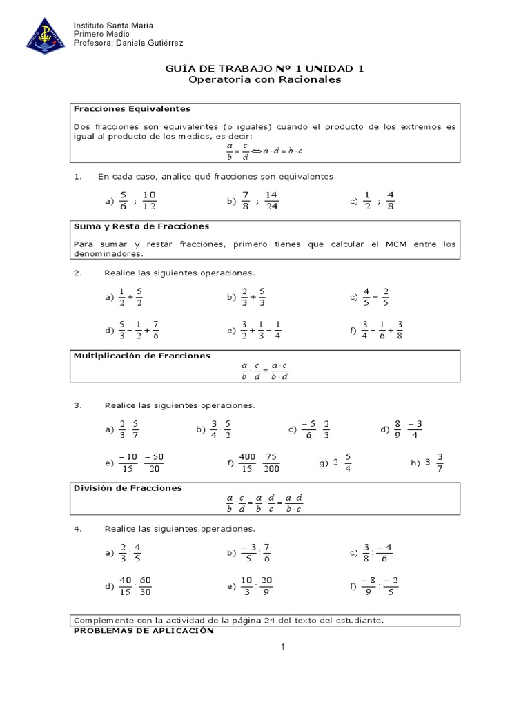 guia de ejercicios . operatoria con fracciones.doc | Fracción ...