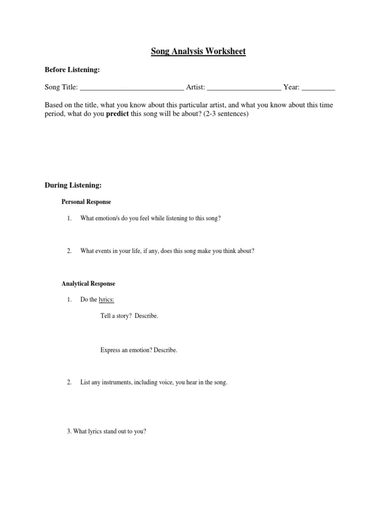 Song Analysis Worksheet PDF | PDF