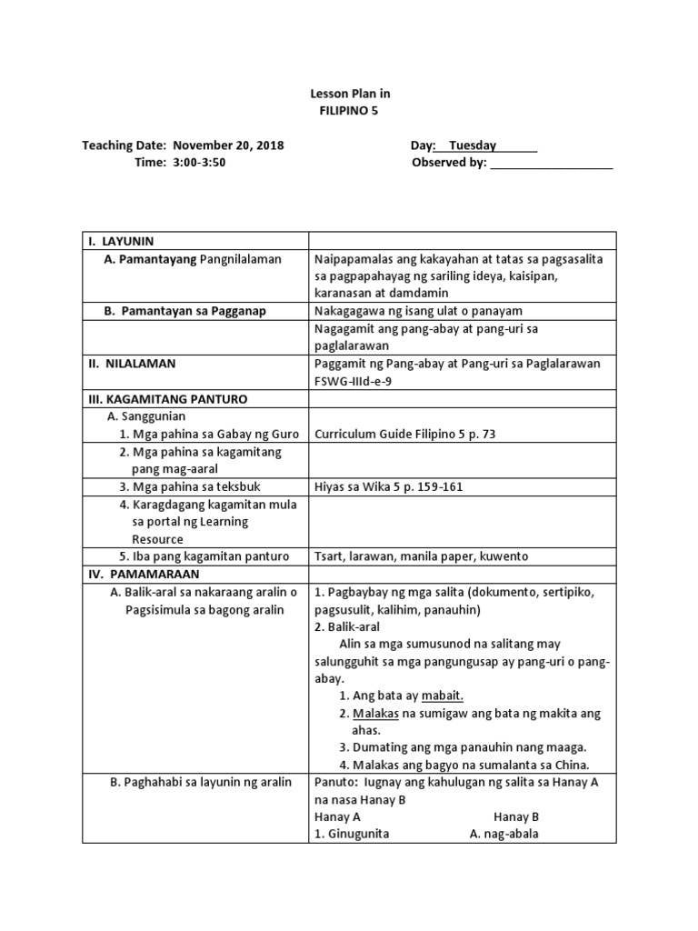 Modified Lesson Plan in Filipino 5 | PDF
