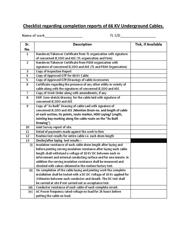 Completion Report Check List For Ug Cable | PDF | Electrical Resistance ...