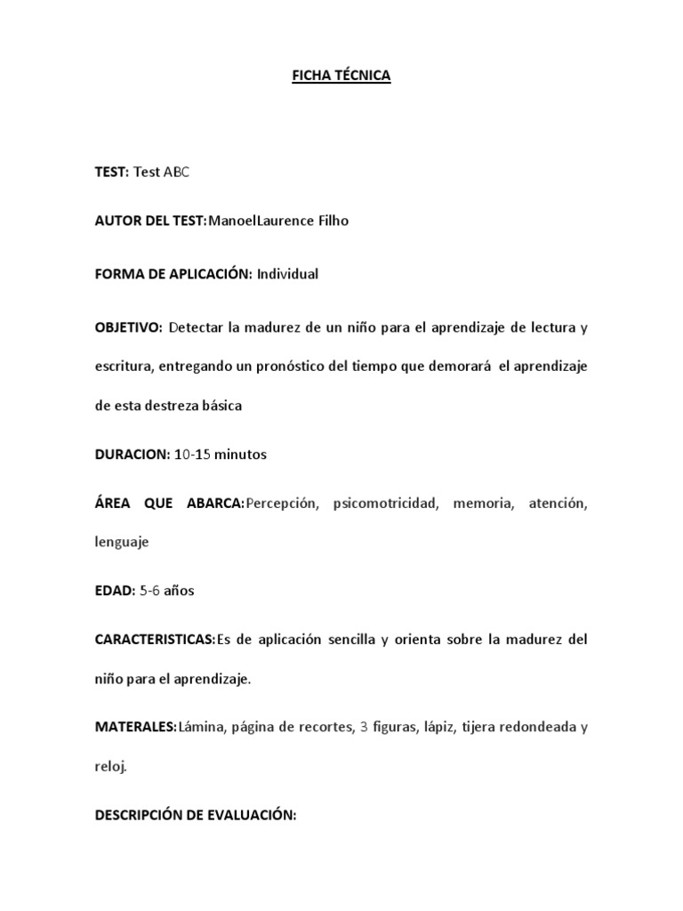 Test ABC para Evaluar Madurez Infantil | PDF | Aprendizaje | Conceptos ...