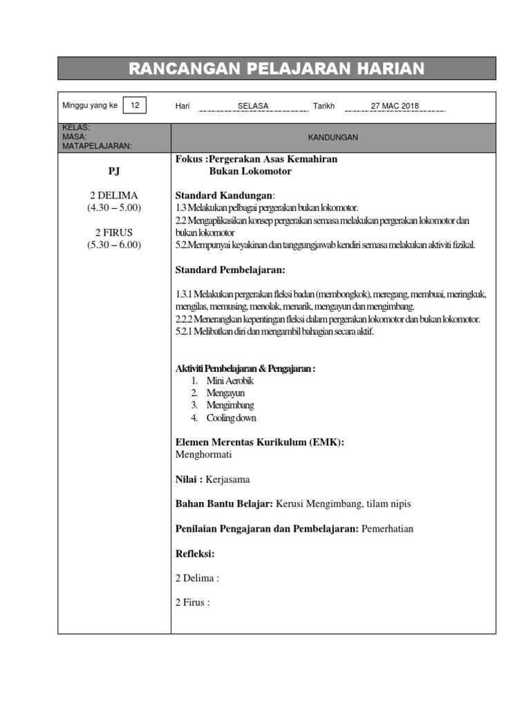 RPH PJ Tahun 2 Mingggu 12 | PDF