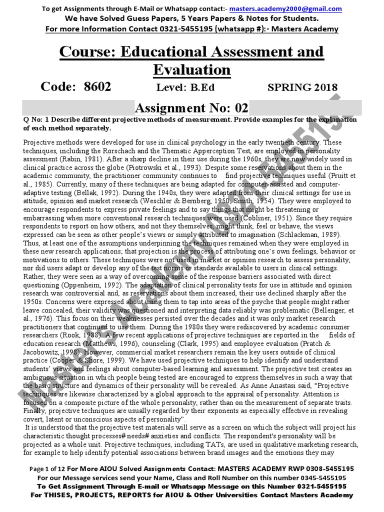Course Educational Assessment And Evaluation Code 8602 Assignment No