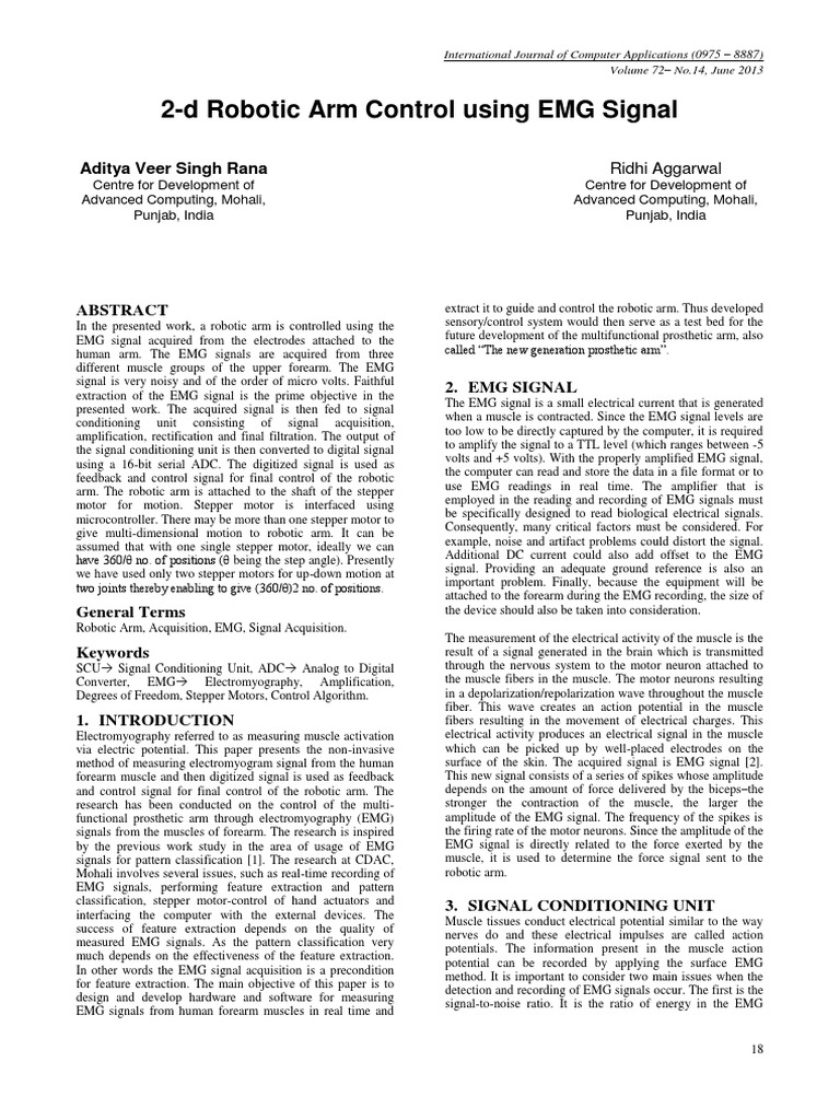 2D Robotic Arm Control Using Emg Signal | Download Free PDF | Electromyography | Amplifier