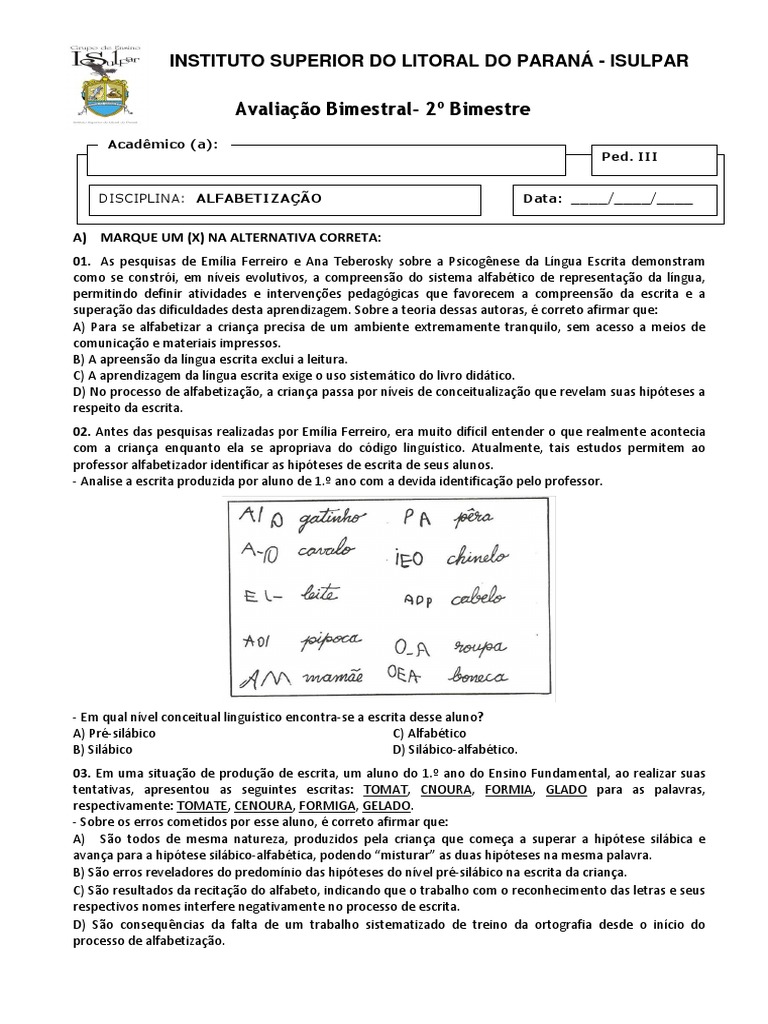 2018_PROVA_ALFABETIZAÇÃO_2º BIM.pdf | Alfabetização | Escrita