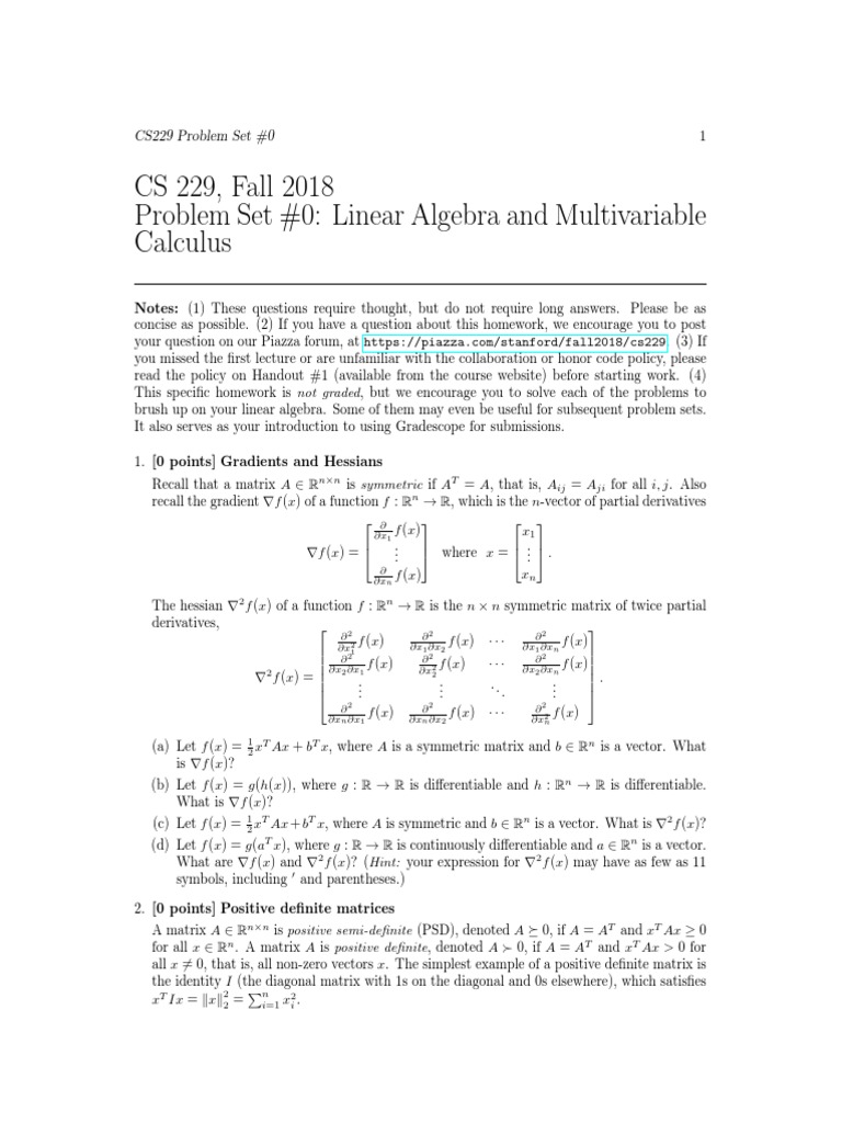CS 229, Fall 2018 Problem Set #0: Linear Algebra and Multivariable Calculus | PDF | Eigenvalues ...