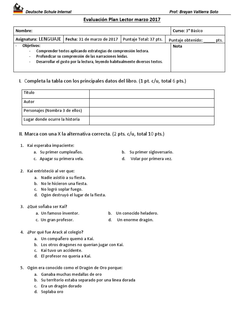 Control de Lectura 3° Lenguaje 2017 El Viaje de de Kai | PDF | Artes ...