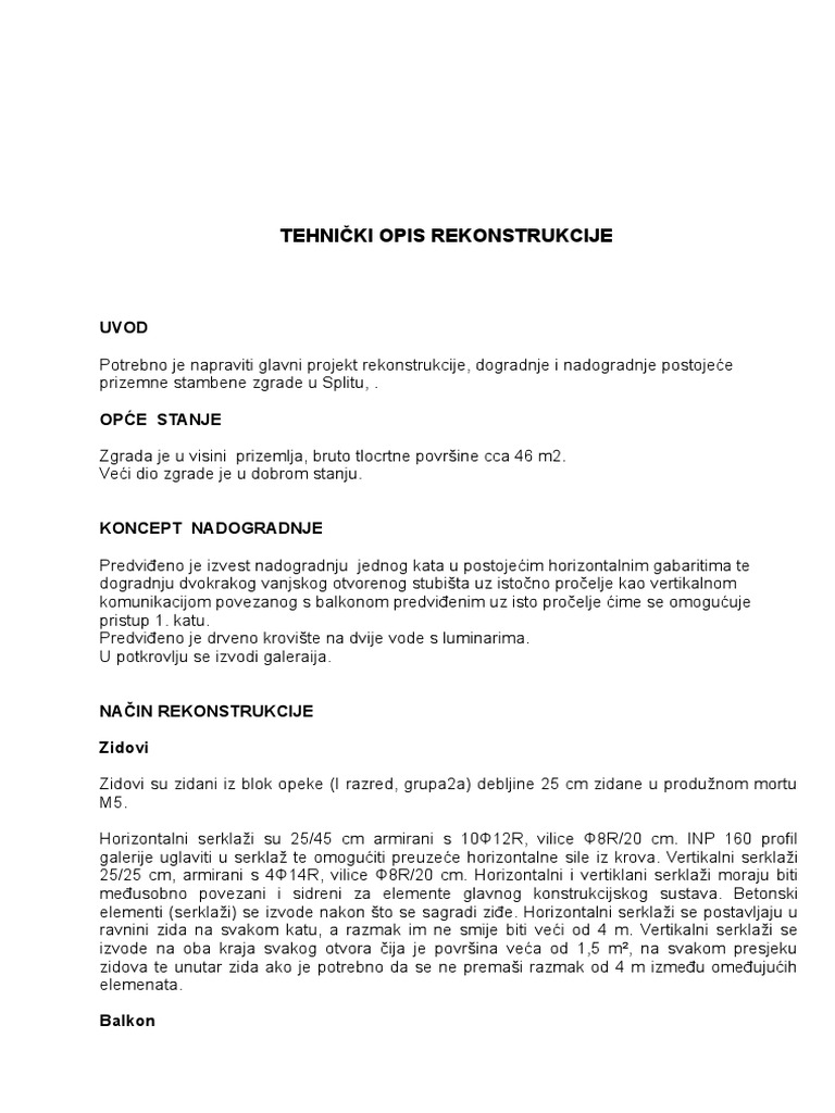 Tehnicki Opis Rekonstrukcije | PDF