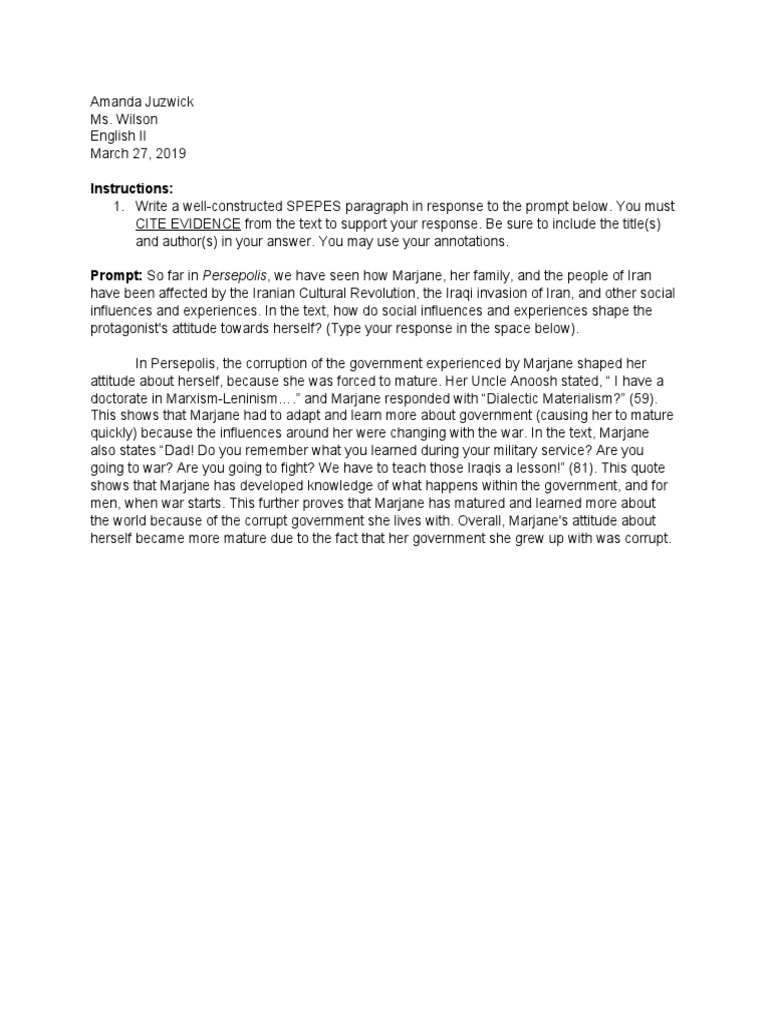 Amanda Juzwick Student - Heritagehs - E2 - Spepes Writing 2 - Persepolis | PDF | Psychological ...