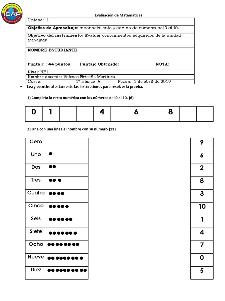 Evaluación de Números del 0 al 10 | PDF