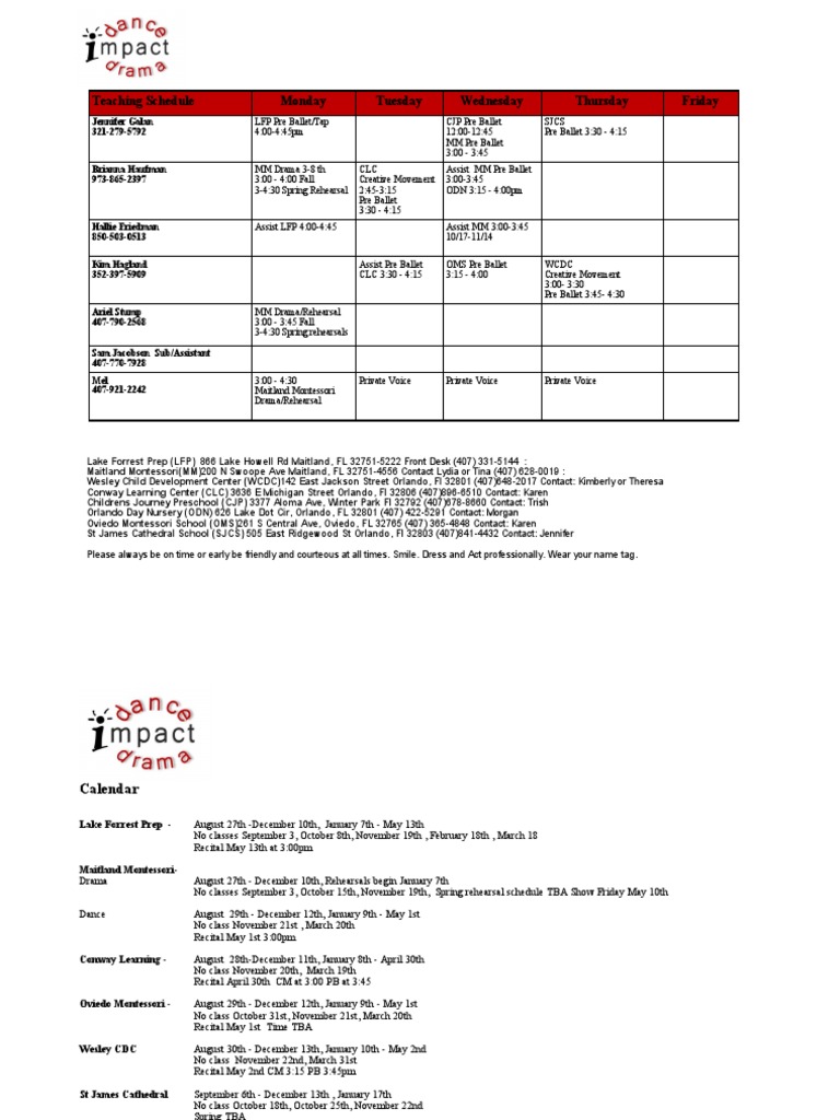Weekly Dance Class Schedule 2023 | PDF
