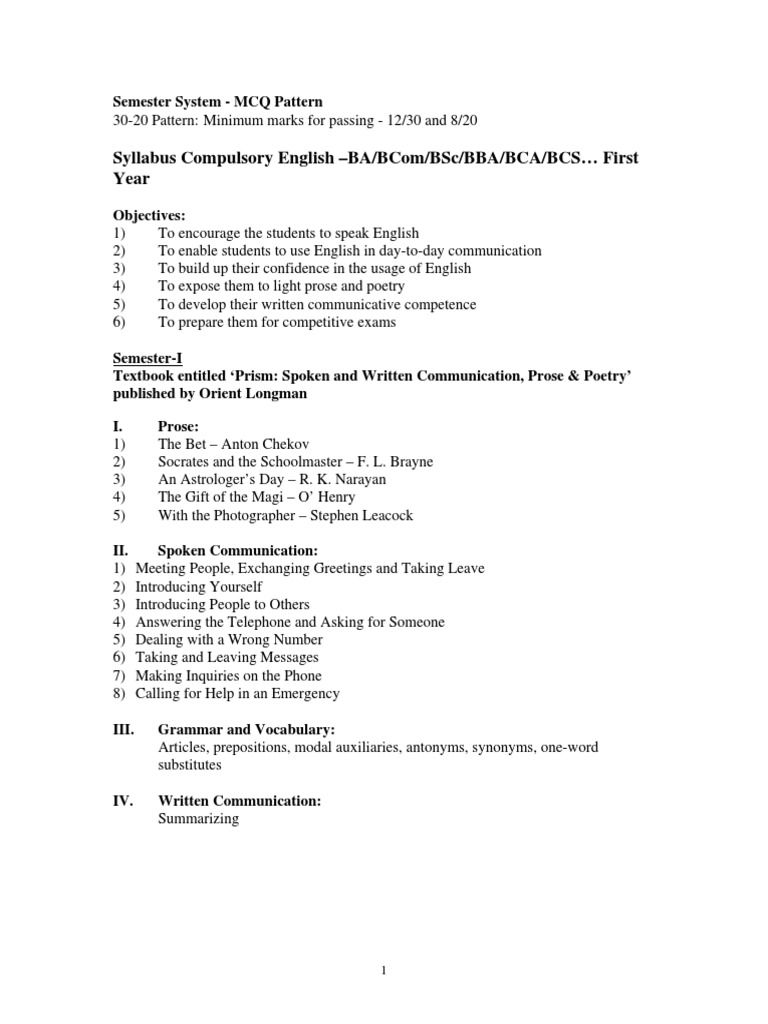 Syllabus Compulsory English - Ba/Bcom/Bsc/Bba/Bca/Bcs First Year | PDF ...