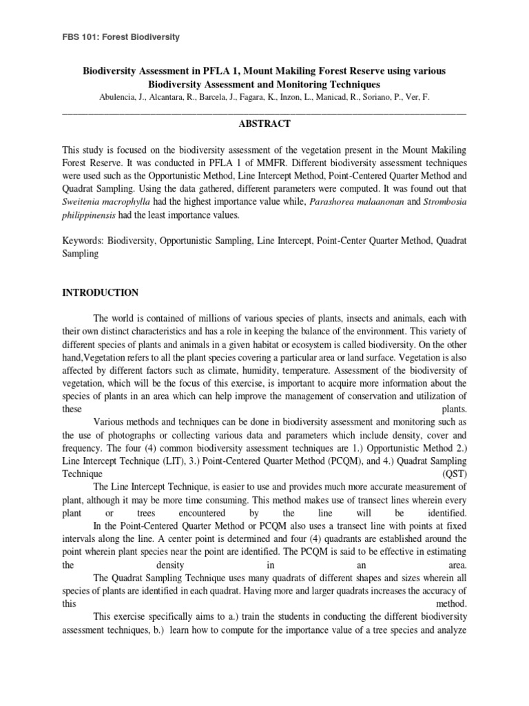 Biodiversity Assessment in PFLA 1, Mount Makiling Forest Reserve Using ...