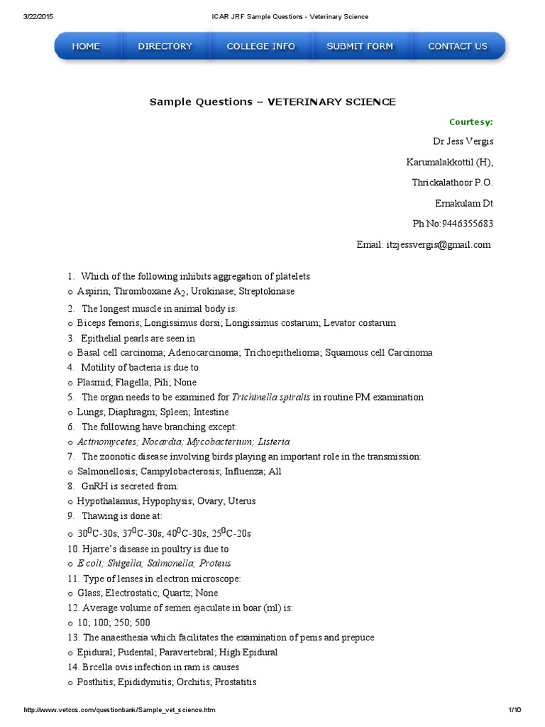 ICAR JRF Sample Questions - Veterinary Science | PDF | Influenza A Virus Subtype H5 N1 | Aspergillus