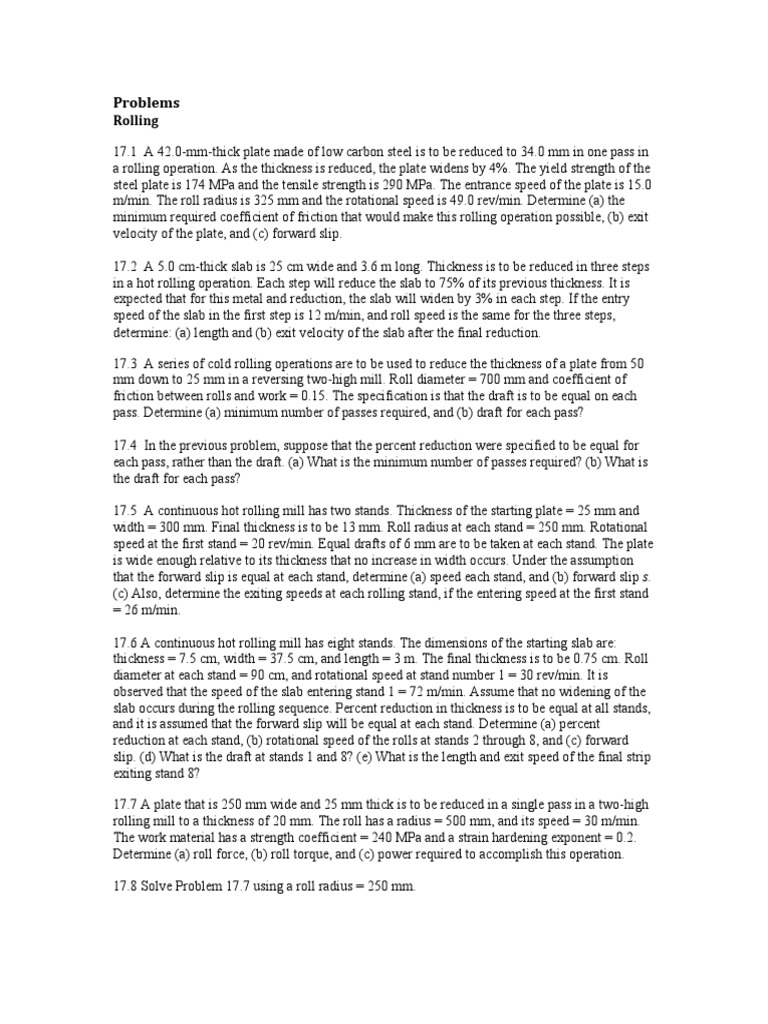3 End of Chapter3 Problems BULK | PDF | Extrusion | Rolling (Metalworking)
