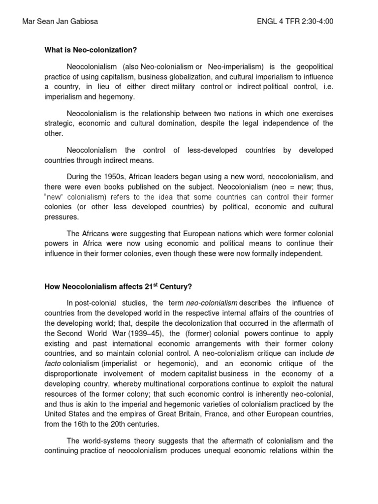 NeoColonialism Assignment | PDF | World Systems Theory | Colonialism
