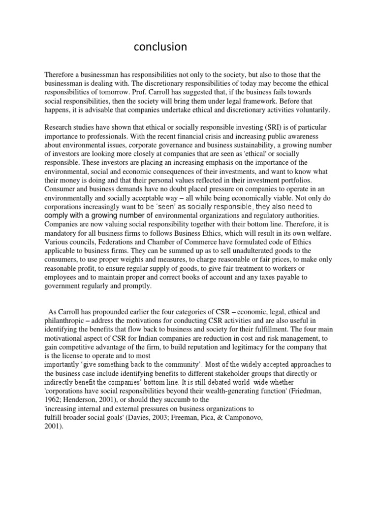 Conclusion | PDF | Corporate Social Responsibility | Stakeholder ...