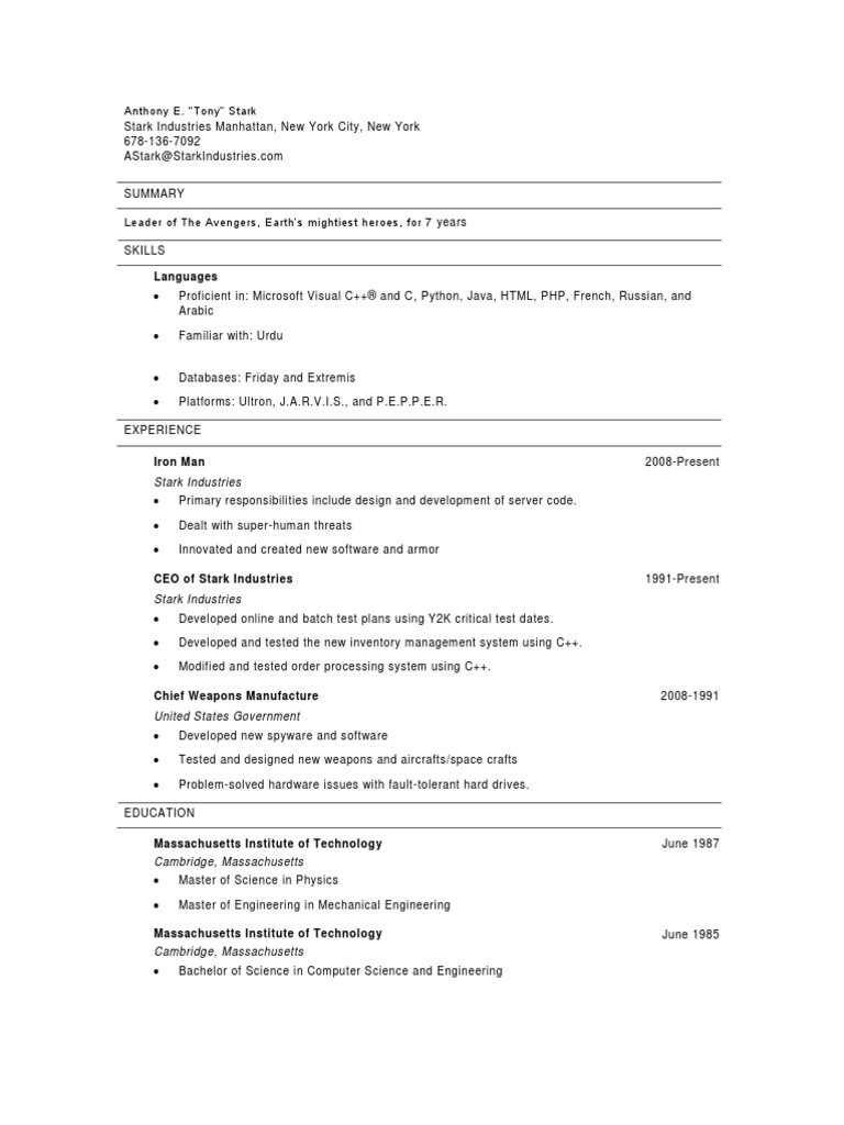 Tony Stark Resume | PDF
