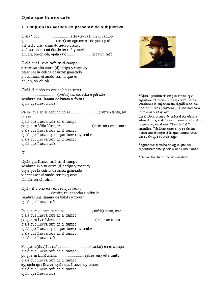 Subjuntivo y Vocabulario Canción Ojalá Que Llueva Café | PDF | Comida y ...