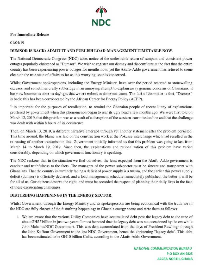 Dumsor Is Back - Admit It and Publish Load-Management Timetable Now ...