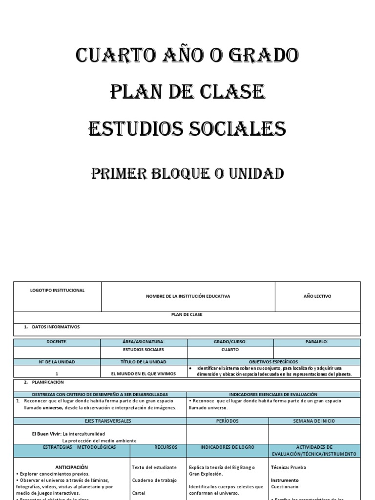 Cuarto Año O Grado Plan De Clase Estudios Sociales: Primer Bloque O ...
