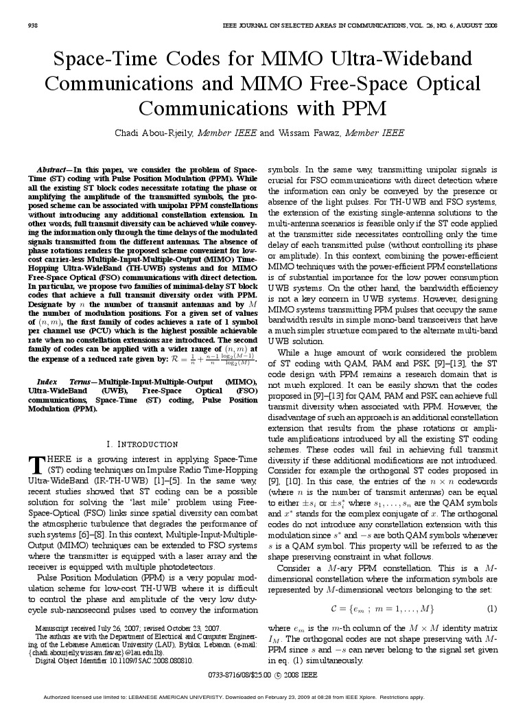 Space-Time Codes For MIMO Ultra-Wideband Communications and MIMO Free ...