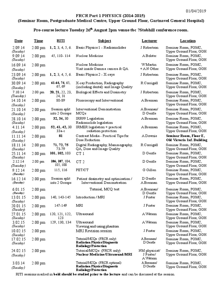FRCR Part 1 Physics Seminar Schedule | PDF | Radiography | Ct Scan