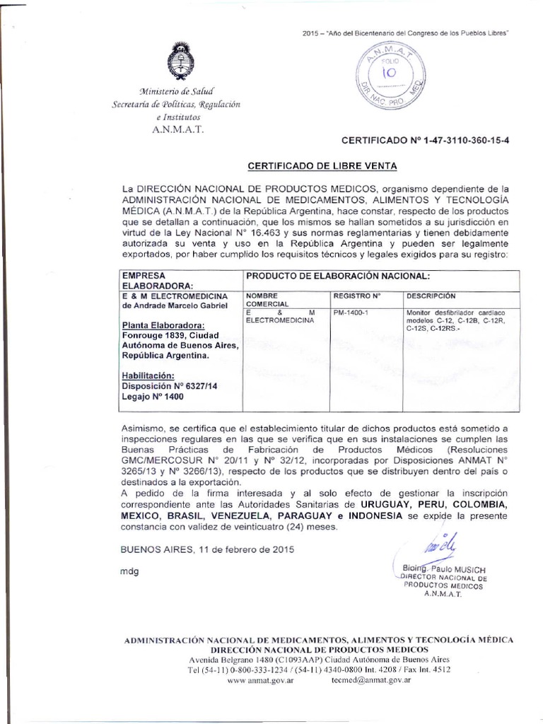 Modelo de Certificado de Libre Venta Argentina