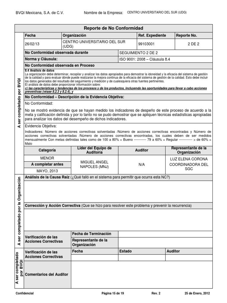 Formato de La No Conformidad para Iso 9001 | PDF | Contralor | Gestión ...