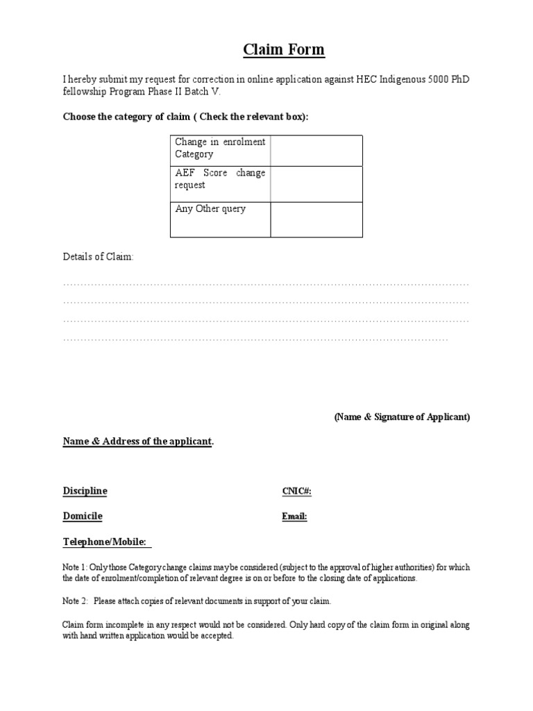Claim Form: (Name & Signature of Applicant) | PDF
