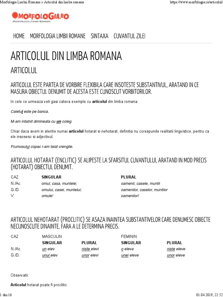 Morfologia Limbii Romane Articolul Din Limba Romana PDF | PDF