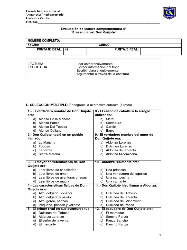 Carola - Prueba.ERASE UNA VEZ DON QUIJOTE 4° | PDF | Don Quijote | Ocio