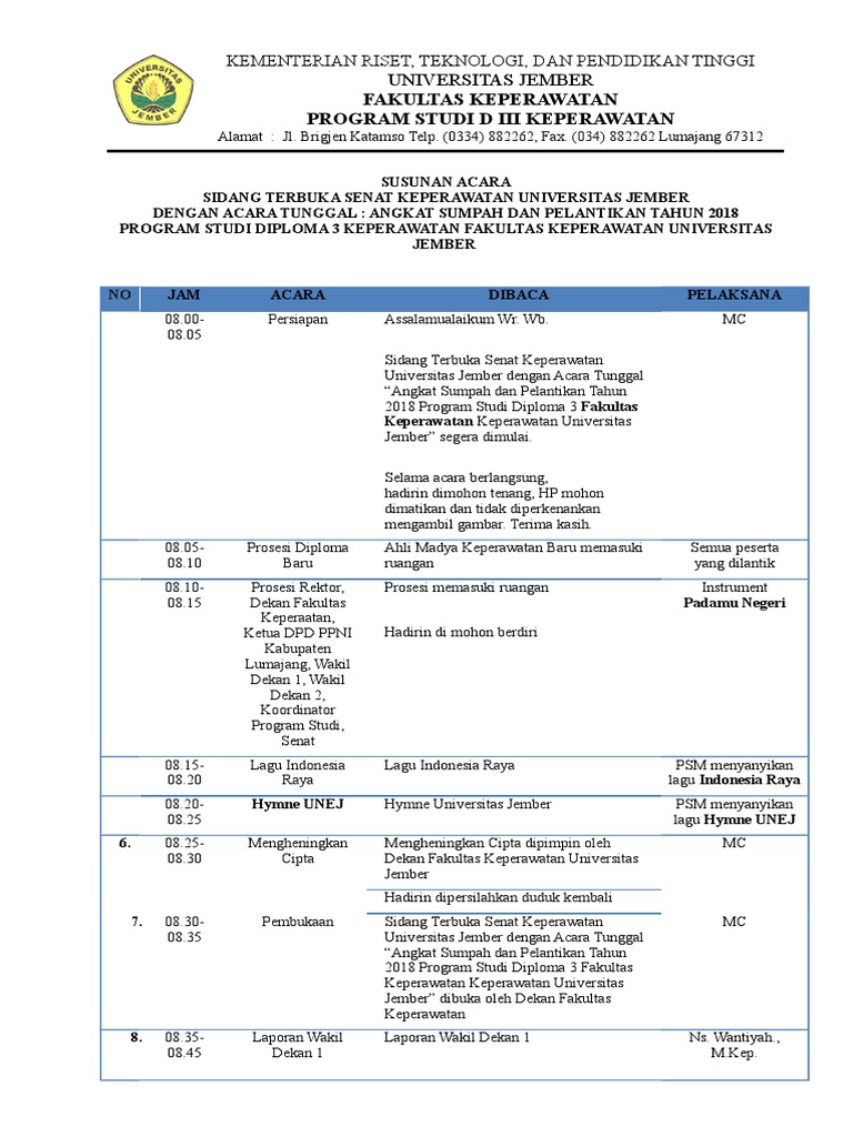 Layout Susunan Acara Pelantikan d3 Unej | PDF