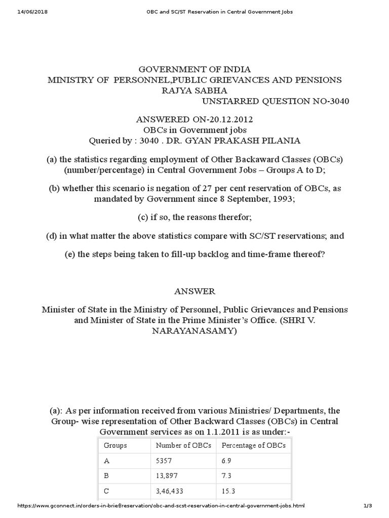 OBC and SC - ST Reservation in Central Government Jobs | PDF | Social ...