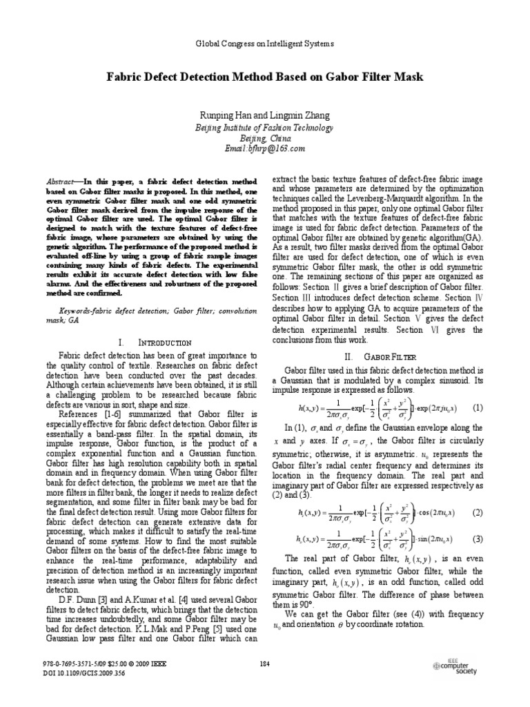 Fabric Defect Detection Method Based On Gabor Filter Mask Runping Han And Lingmin Zhang Pdf