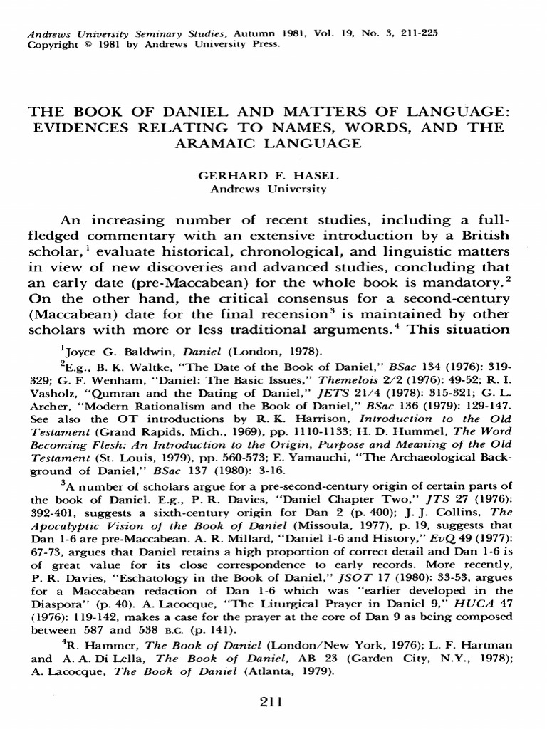 Gerhard F. Hasel - The Book of Daniel and Matters of Language PDF | PDF ...