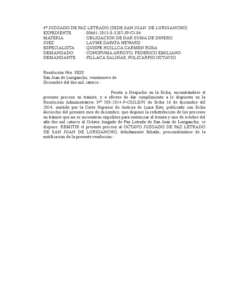 4° Juzgado de Paz Letrado (Sede San Juan de Lurigancho) Expediente ...