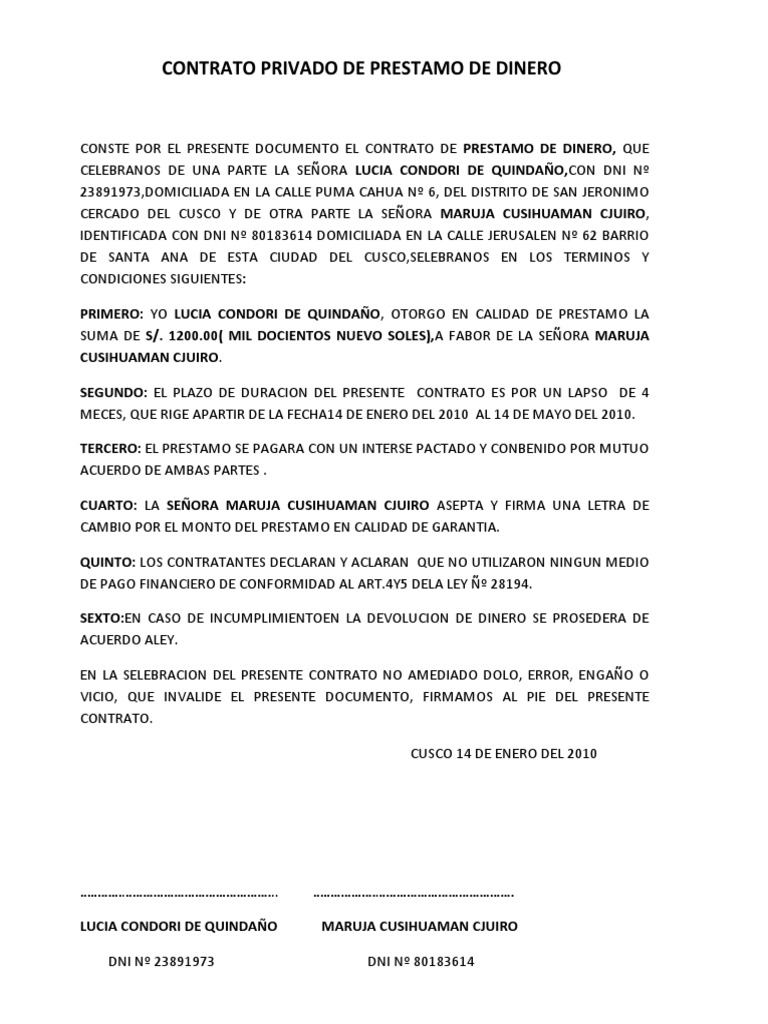 Contrato Privado de Prestamo de Dinero | PDF | Business