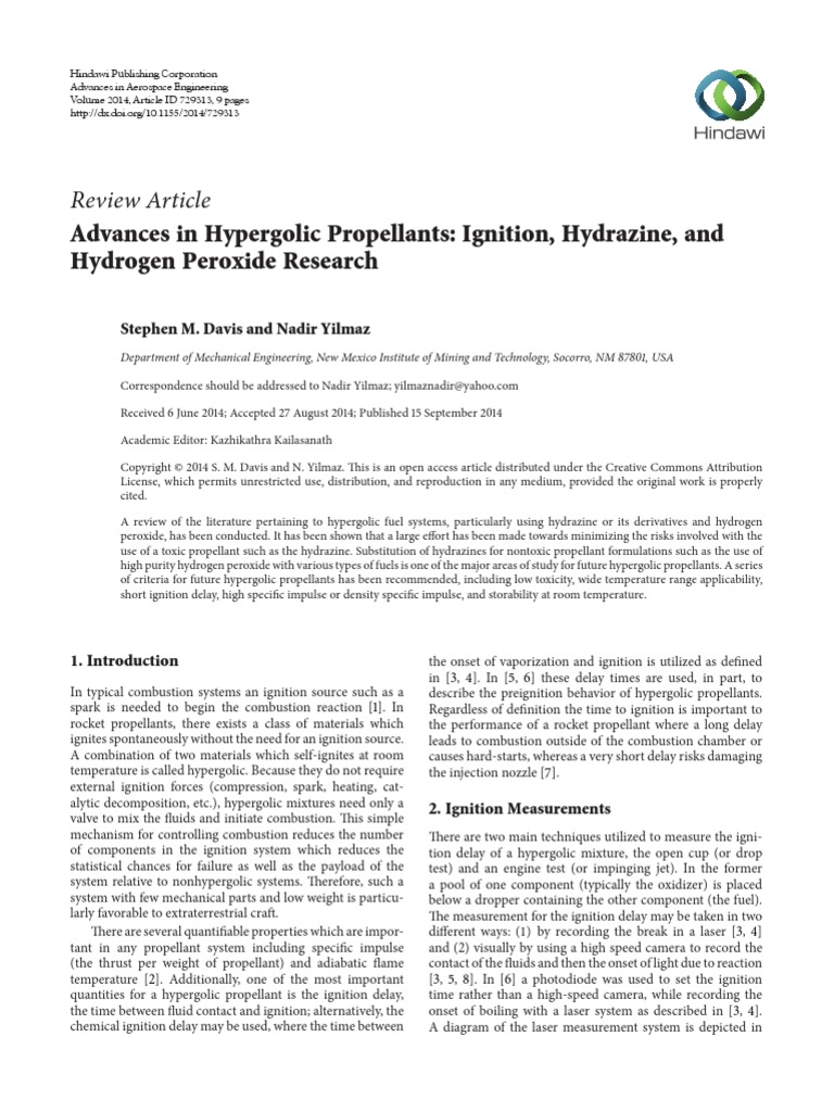 Review Article: Advances in Hypergolic Propellants: Ignition, Hydrazine ...