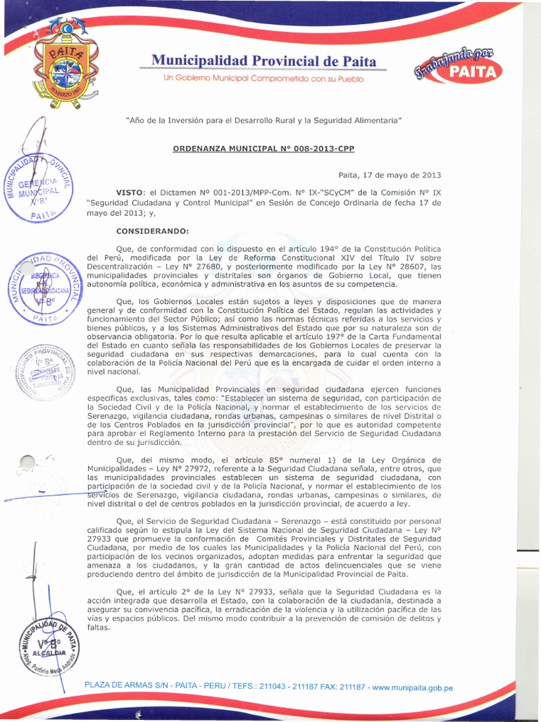 OM 008-2013-CPP Reglamento Interno Serenazgo PDF | PDF | Derecho laboral | Constitución