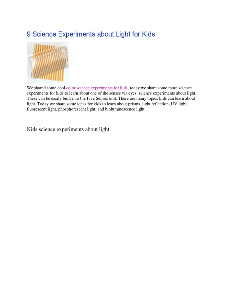 9 Science Experiments About Light For Kids | PDF | Light | Fluorescence
