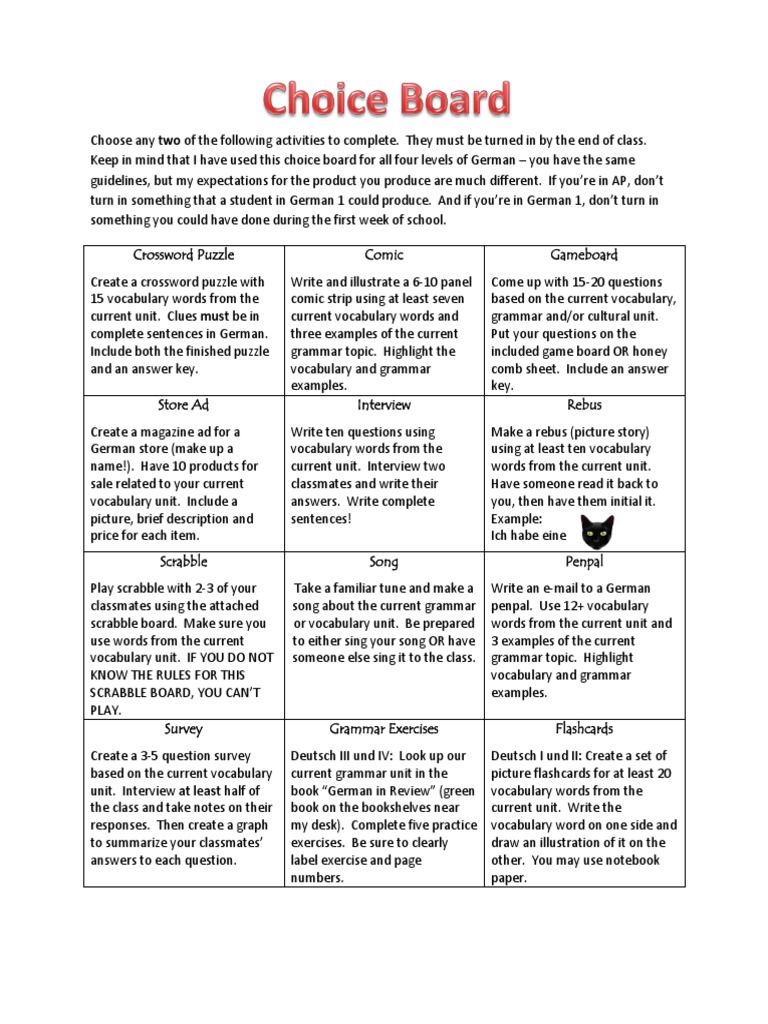 Sub Plans Choice Board | PDF | Question | Vocabulary
