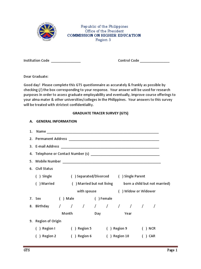 Commission On Higher Education Region 3: Graduate Tracer Survey (GTS) A ...