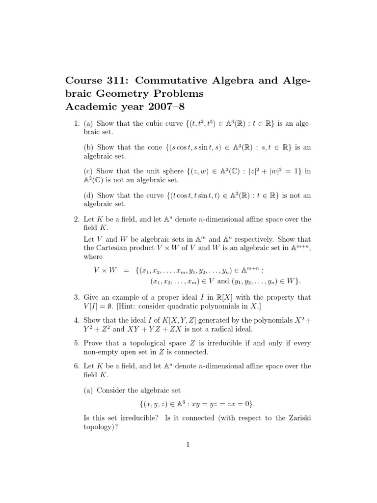 Course 311: Commutative Algebra and Alge-Braic Geometry Problems ...