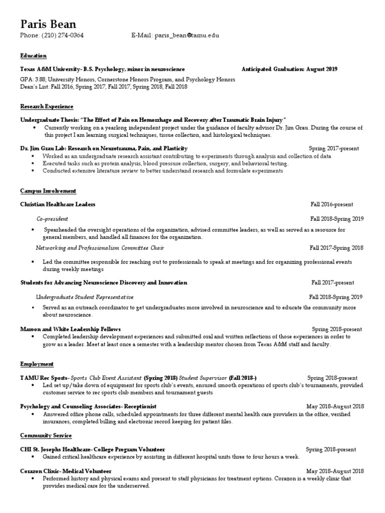 Bean Paris Resume | PDF | Health Care | Neuroscience