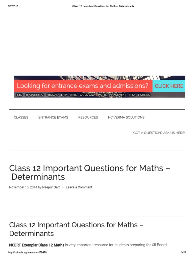 Class 12 Important Questions For Maths - Determinants2 | PDF | Test ...